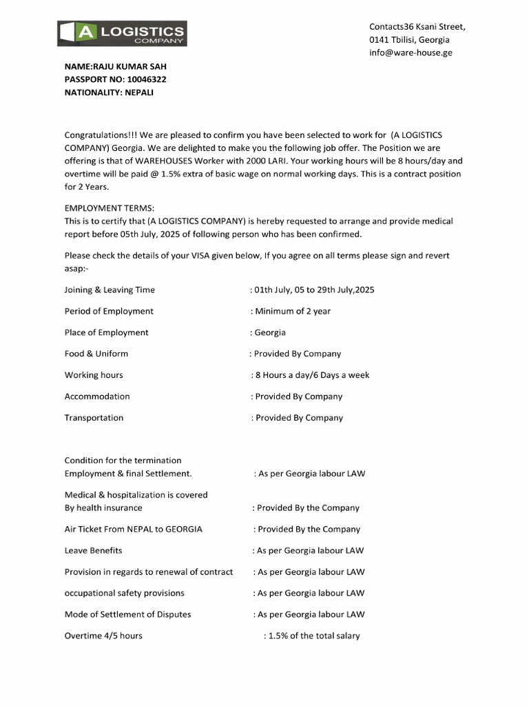 Raju Kumar Sah-Offer Letter Georgiap PDF - 1 | PDF