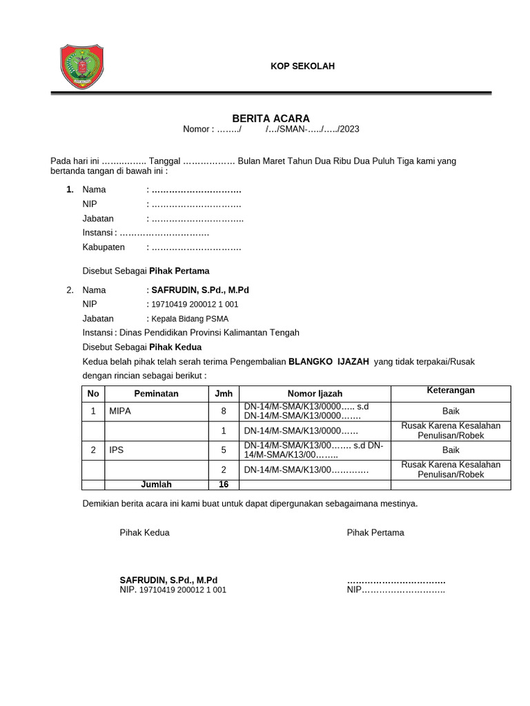 Berita Acara Pengembalian Blanko Ijazah 2022 | PDF