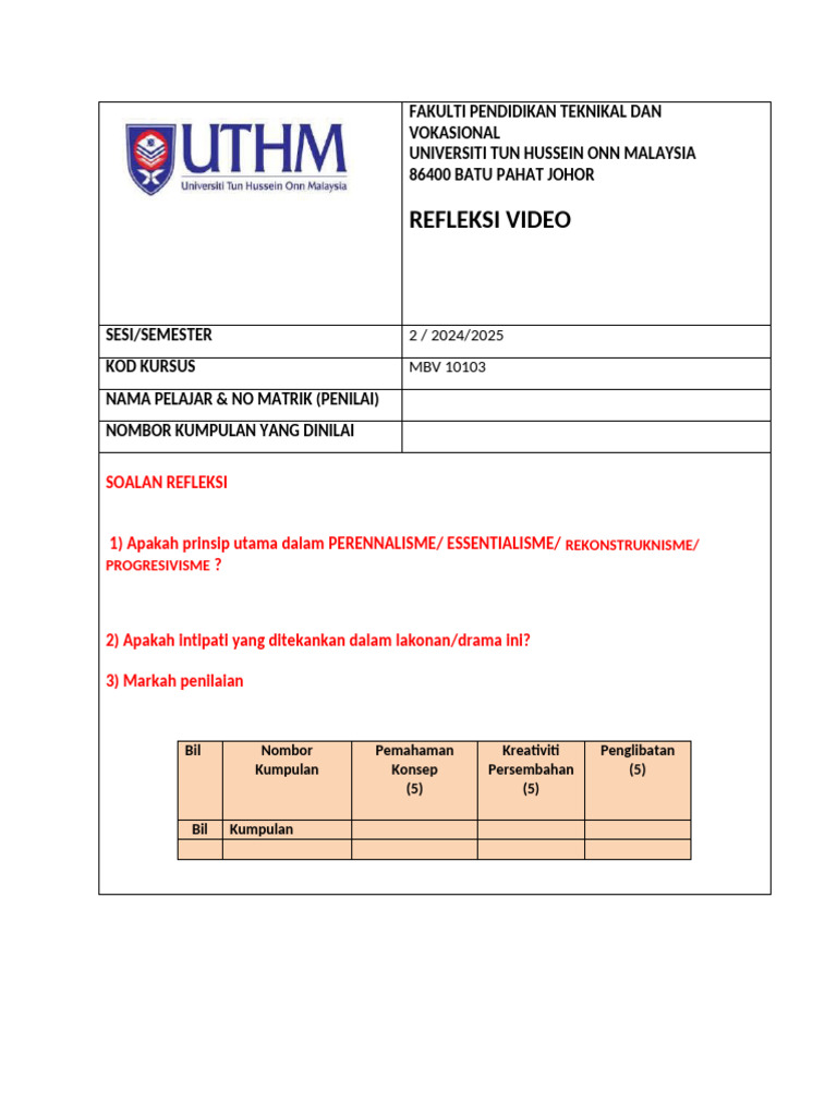 Borangrefleksi Pembentangan | PDF