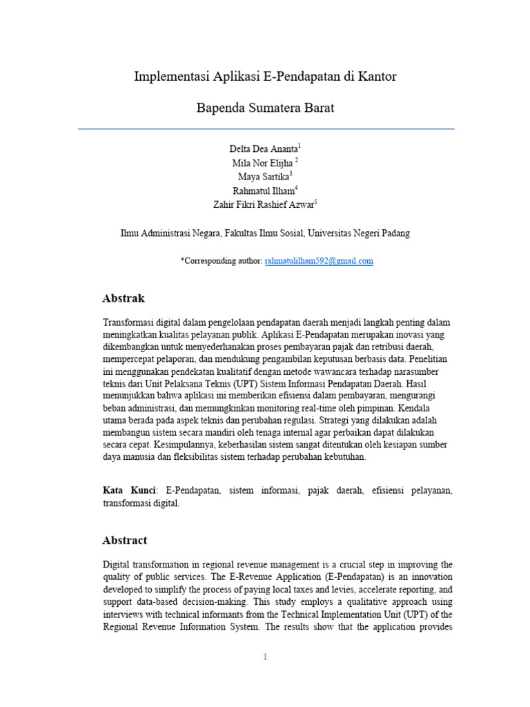 Implementasi Aplikasi E-Pendapatan Di Kantor Bapenda Sumatera Barat | PDF