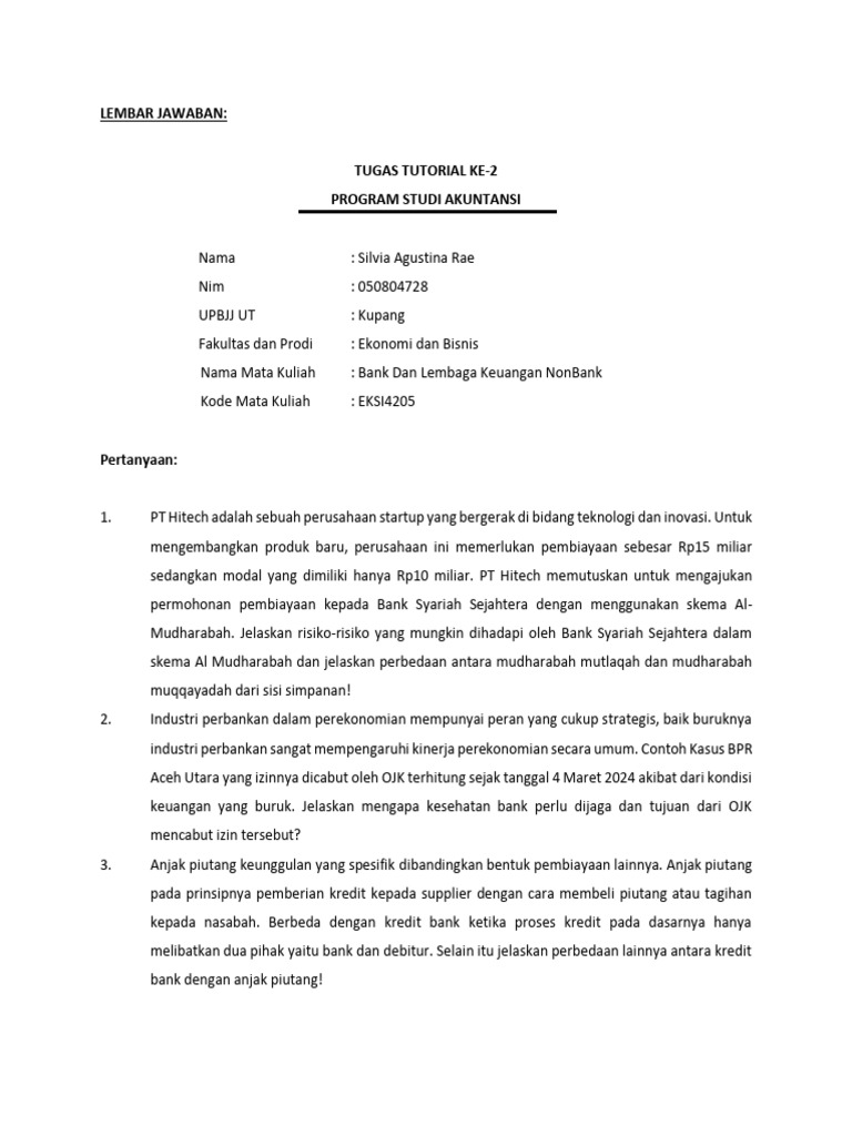 TUGAS Bank Dan Lembaga Keuangan Non Bank 2 - EKSI4205-SILVIA AGUSTINA-050804728 | PDF