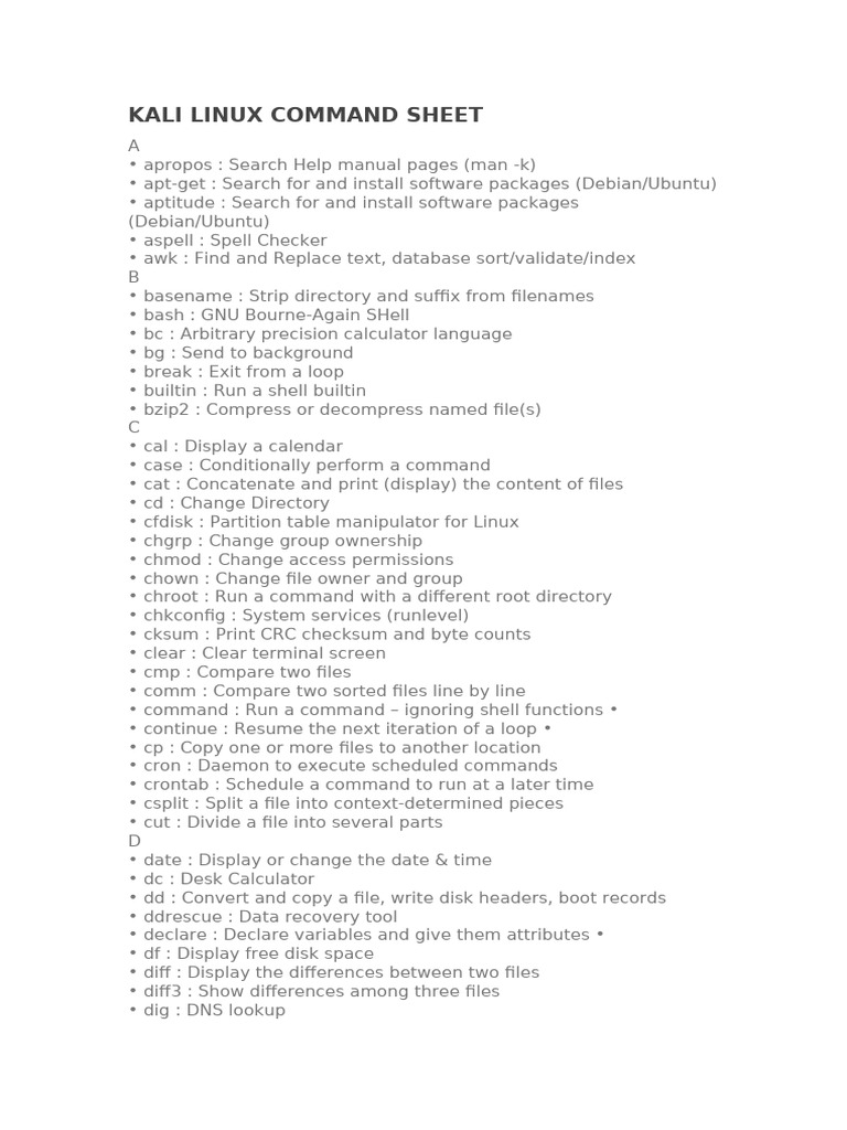 Kali Linux Command Sheet | PDF | Computer File | System Software