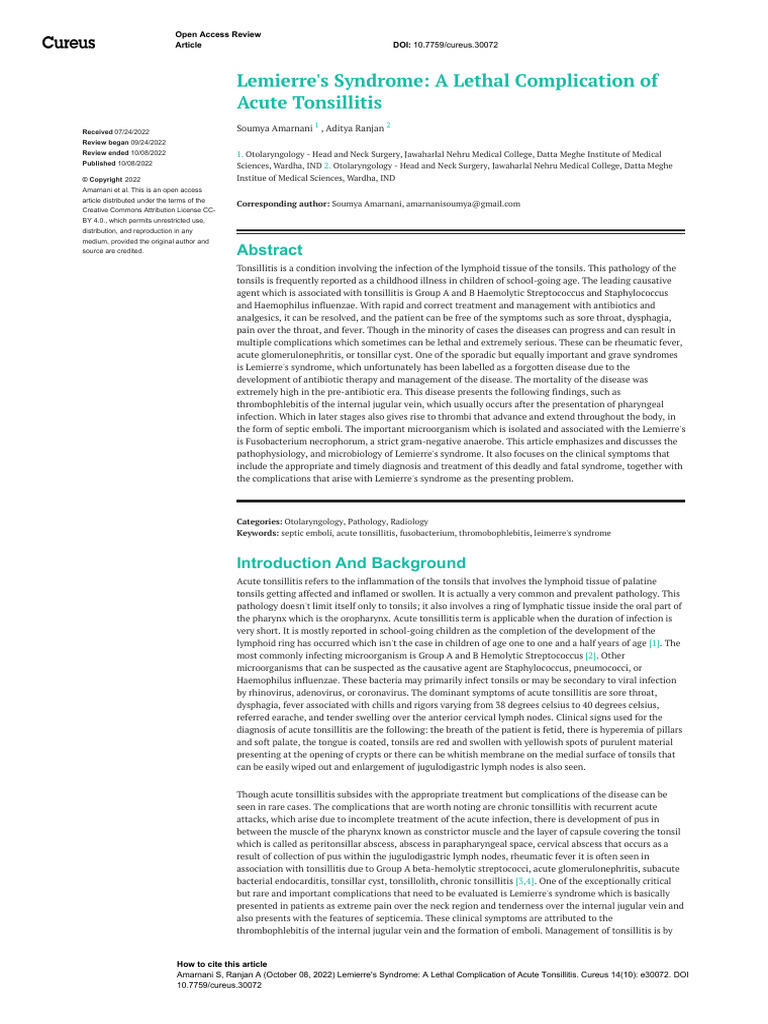 Lemierre's Syndrome A Lethal Complication of Acute Tonsillitis | PDF ...