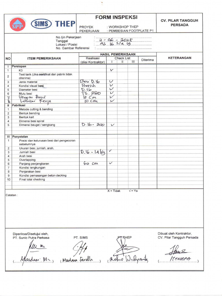 (250602) Checklist Pembesian & Bekisting Footplat | PDF