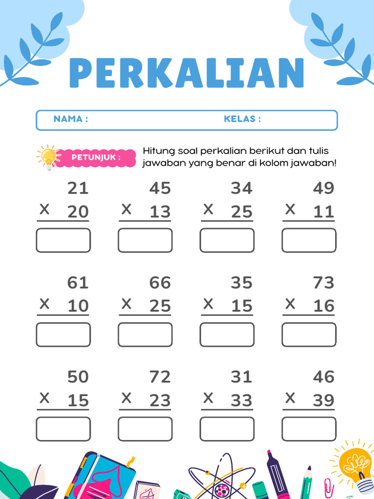 Tabel Perkalian Bersusun Bilangan Puluhan Lembar Kerja Matematika Putih ...