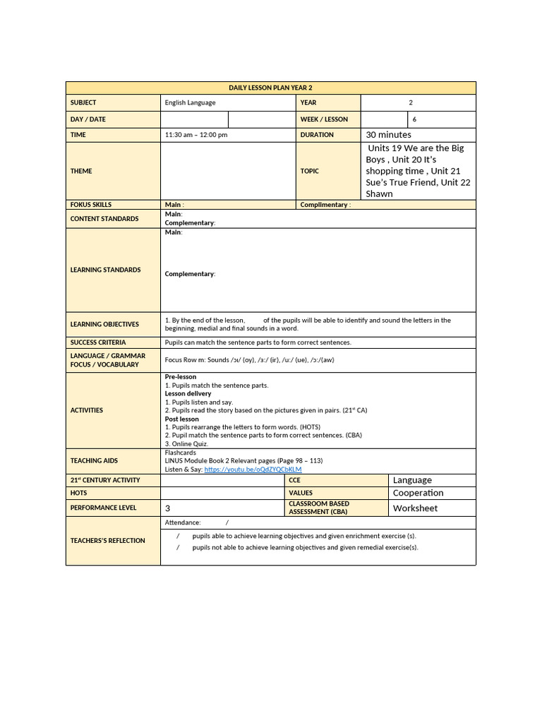 Daily Lesson Plan Year 2 | PDF | Word | Teachers