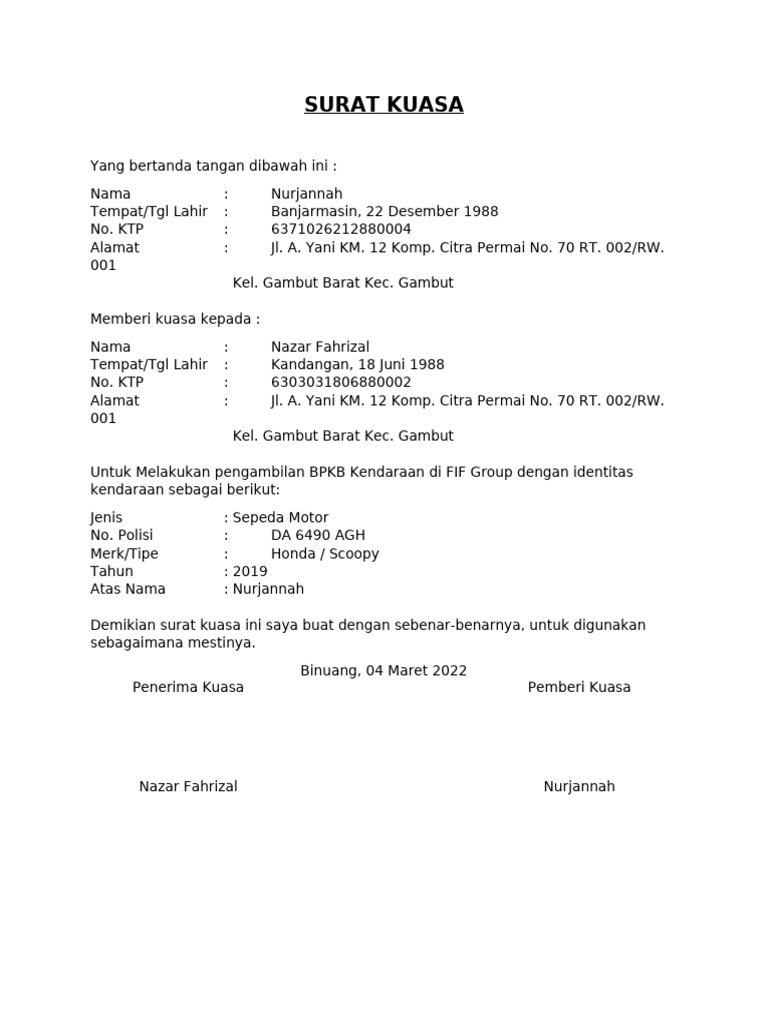 Surat Kuasa Pengambilan BPKB Motor | PDF