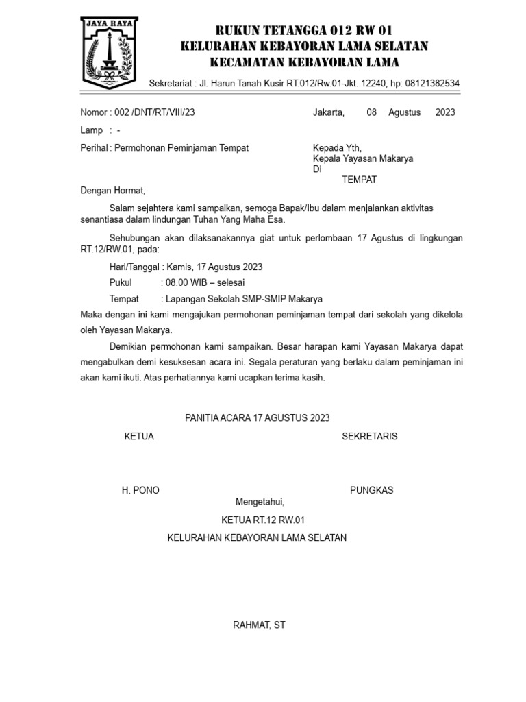 Surat Peminjaman Tempat Untuk 17 Ags | PDF