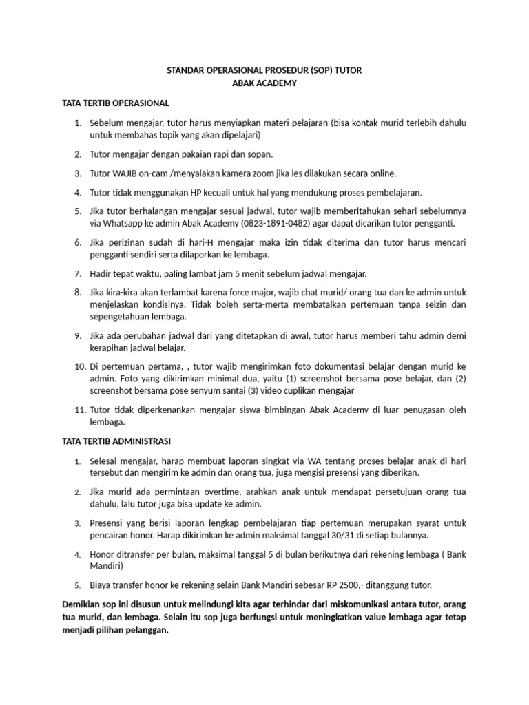 Sop Tutor Abak Academy | PDF