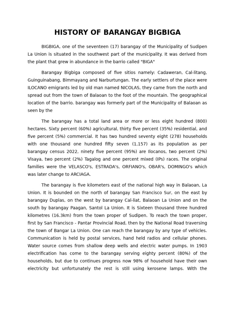 History of Barangay Bigbiga | PDF