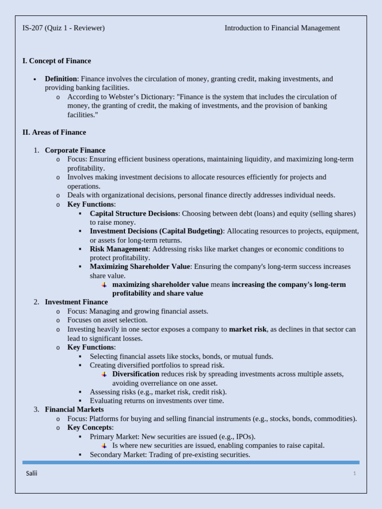 Intro Financial Management Quiz Reviewer | PDF | Financial Risk | Investing