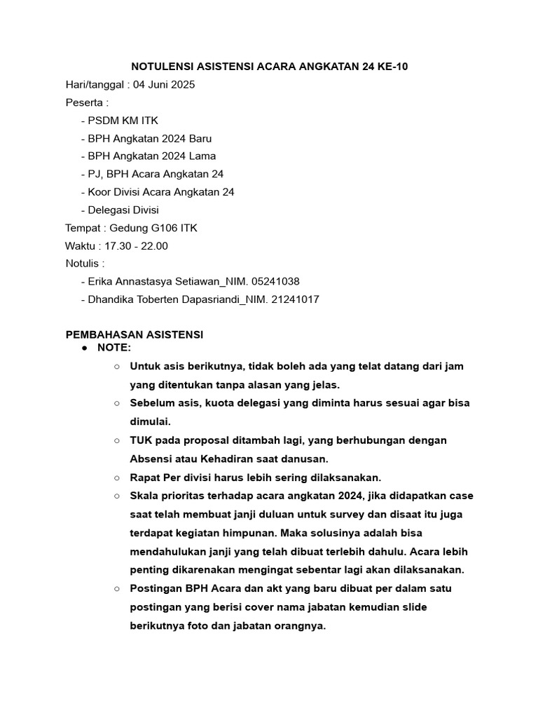 Notulensi Asistensi Acara Ke 10 - 2 | PDF