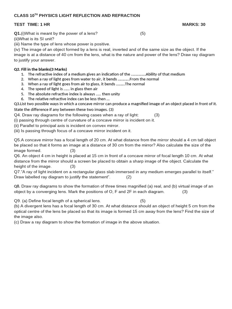 Class 10th Physics Light Reflection and Refraction - Docx Test | PDF ...