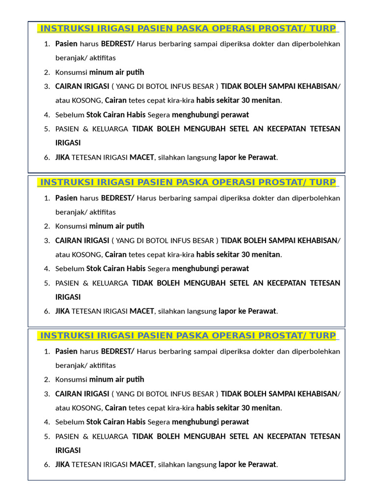 Instruksi Irigasi Pasca Operasi TURP | PDF