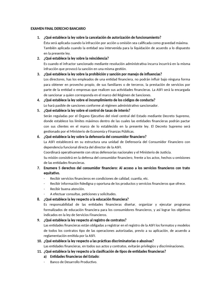 Examen Final Derecho Bancario | PDF | Bancos | Los consumidores