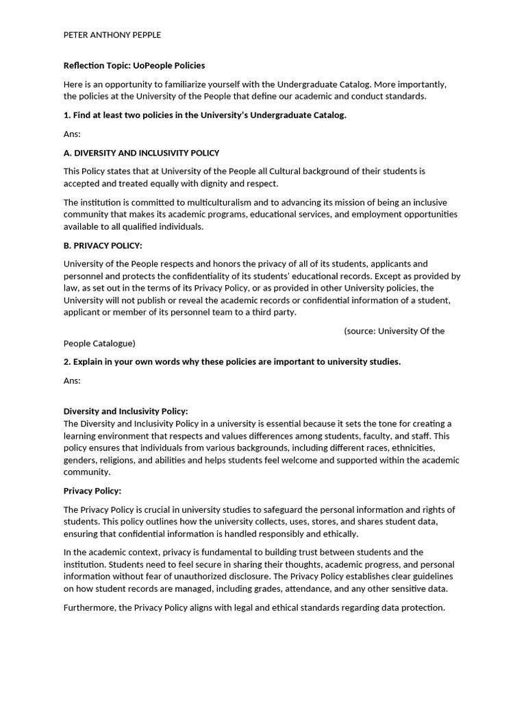 Reflection Topic On University Policy by Peter Anthony Pepple | PDF ...