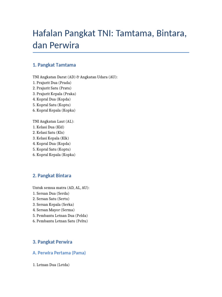 Urutan Pangkat TNI: Tamtama hingga Perwira | PDF