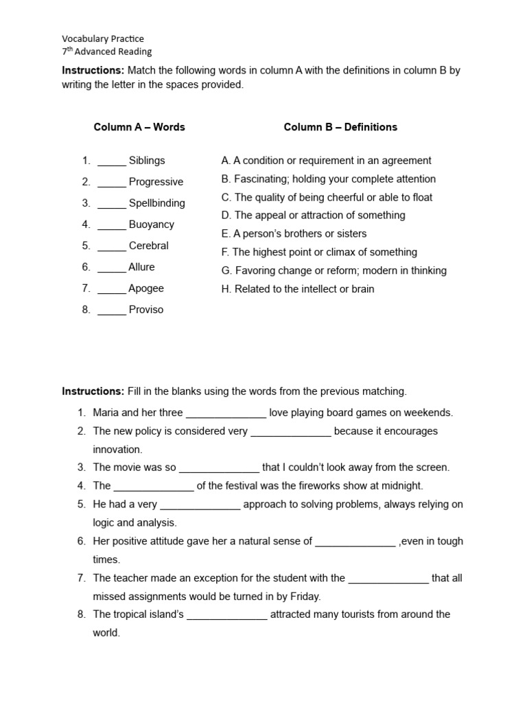 7th Grade Vocabulary Matching Exercise | PDF