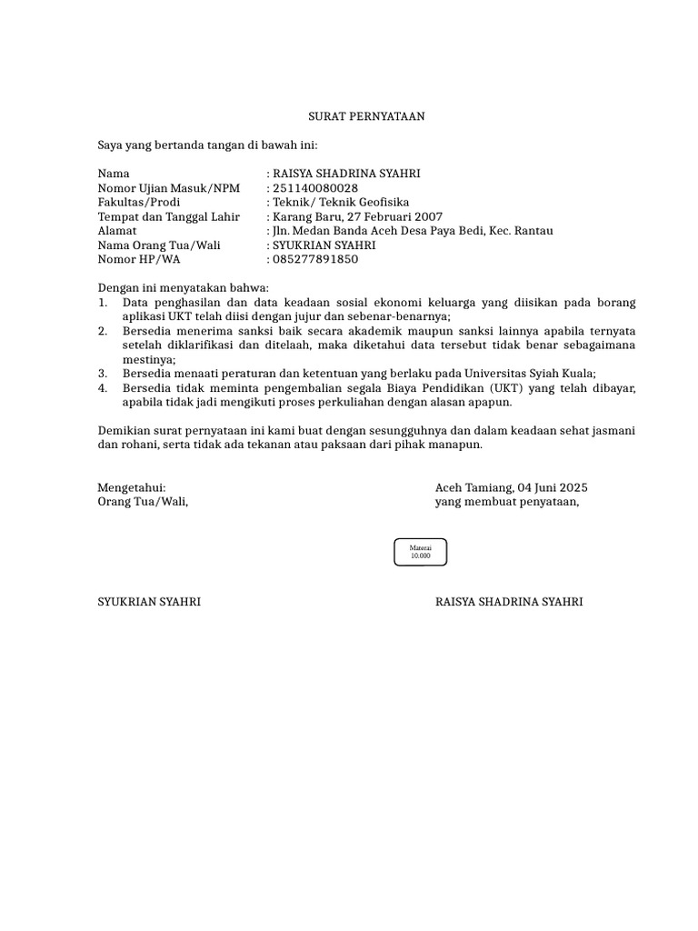 Surat Pernyataan Ukt | PDF