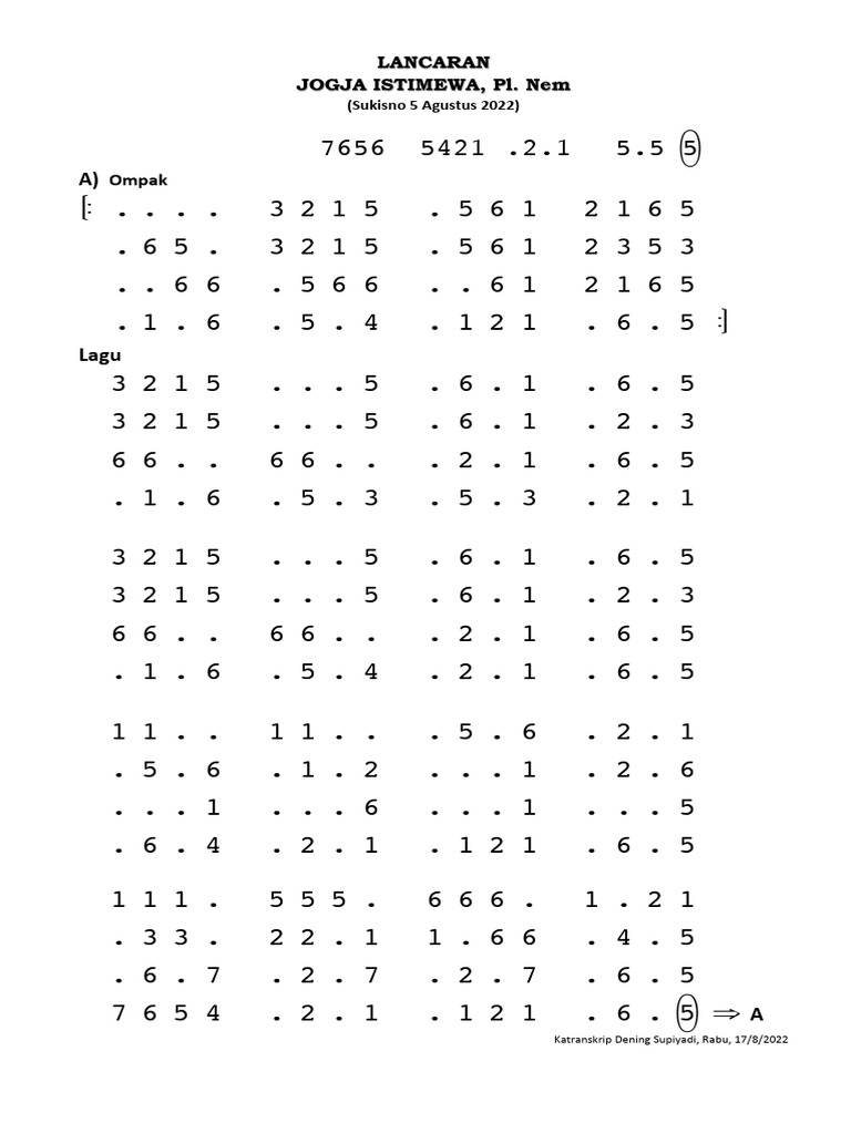 1.lancaran Jogja Istimewa Laras Pelog Pathet Enem | PDF