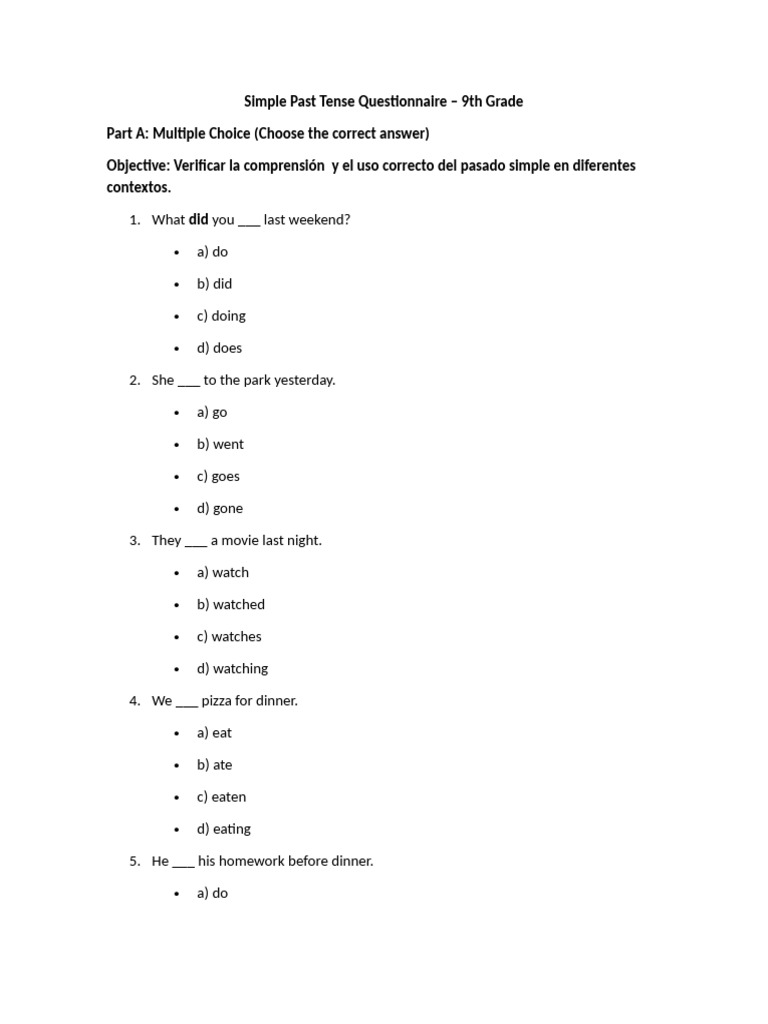 Simple Past Tense Questionnaire NOVENO | PDF