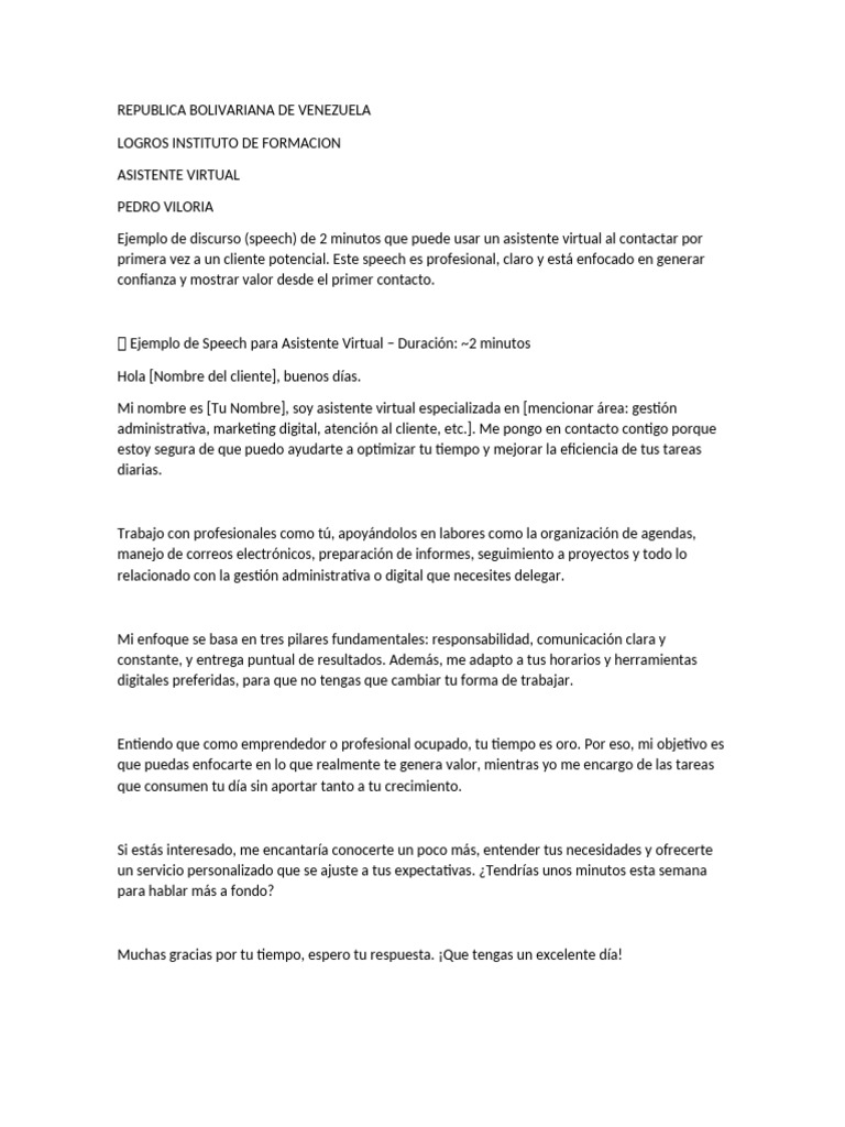 Ejemplo de Speech para Asistente Virtual | PDF
