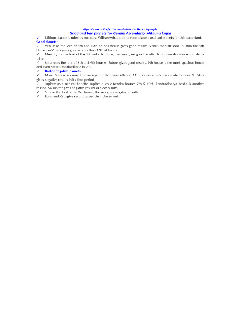 Good and Bad Planets For Gemini Ascendant Mithuna Lagna | PDF