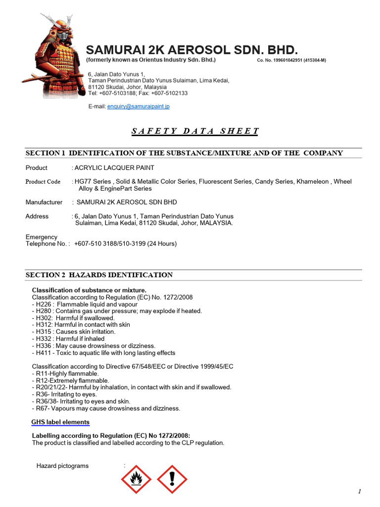 Samurai Kurobushi Spray Paint SDS | PDF | Occupational Safety And Health