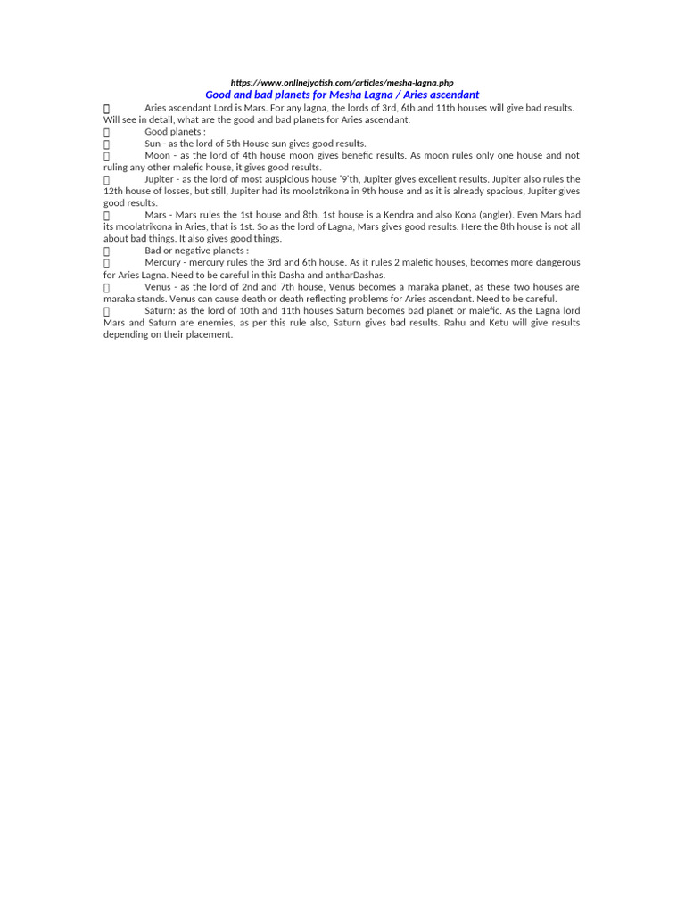Good and Bad Planets For Mesha Lagna Aries Ascendant | PDF