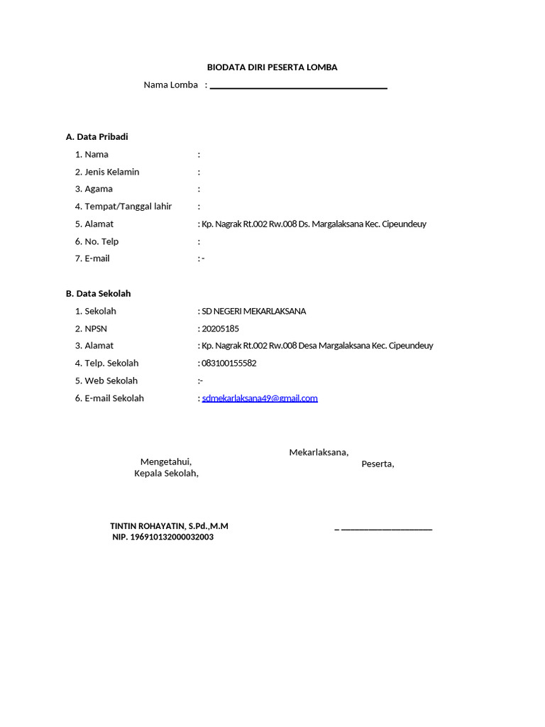 184105221 Biodata Peserta Lomba Siswa Doc | PDF