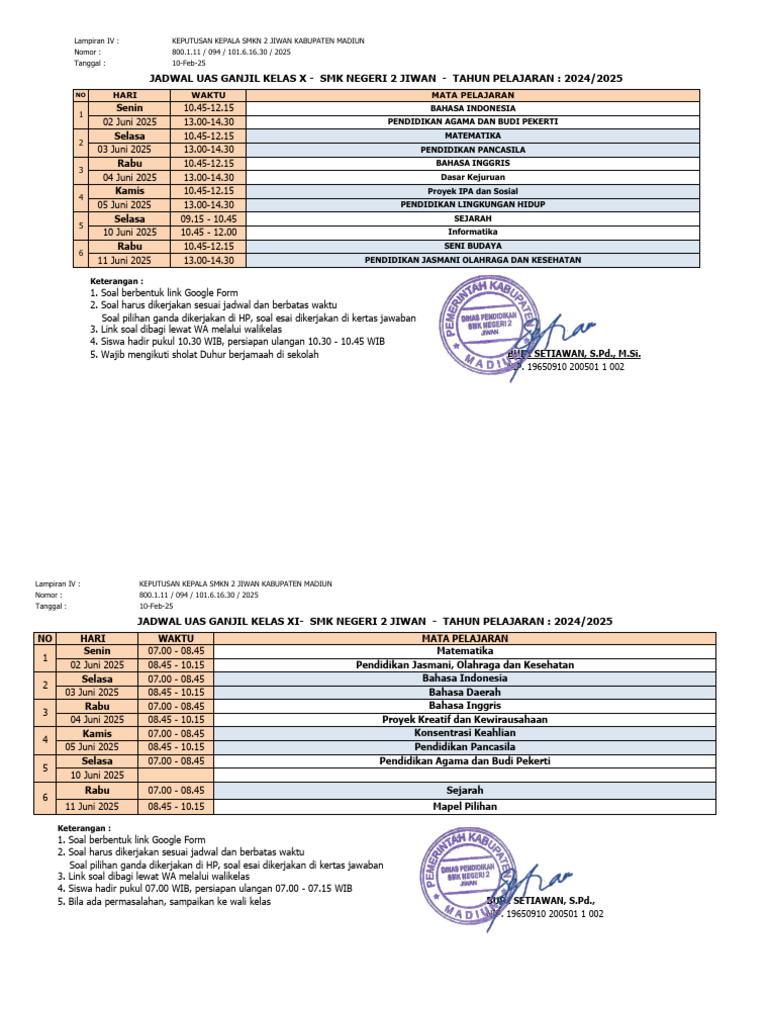 Jadwal UAS Genap X XI 2024 - 2025 | PDF