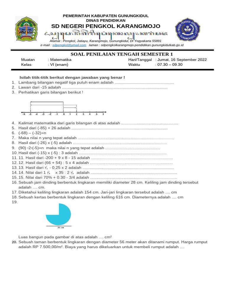 Soal Pts Matematika Kelas Vi Semester 1 | PDF