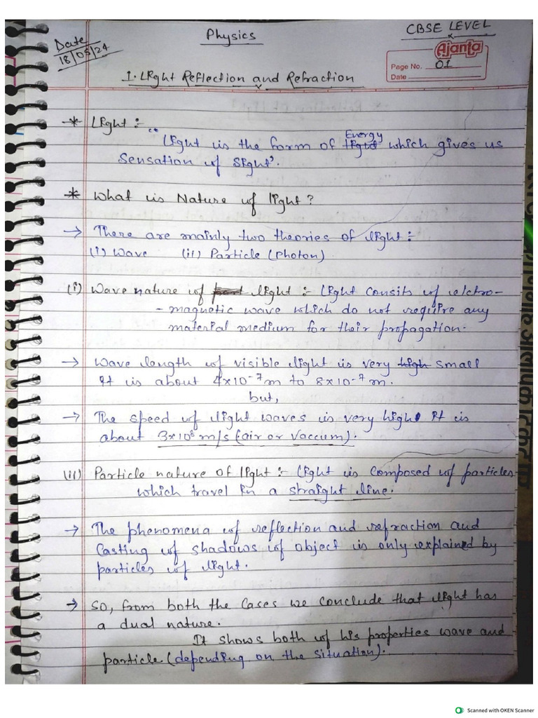 Light Long Notes Class 10th | PDF