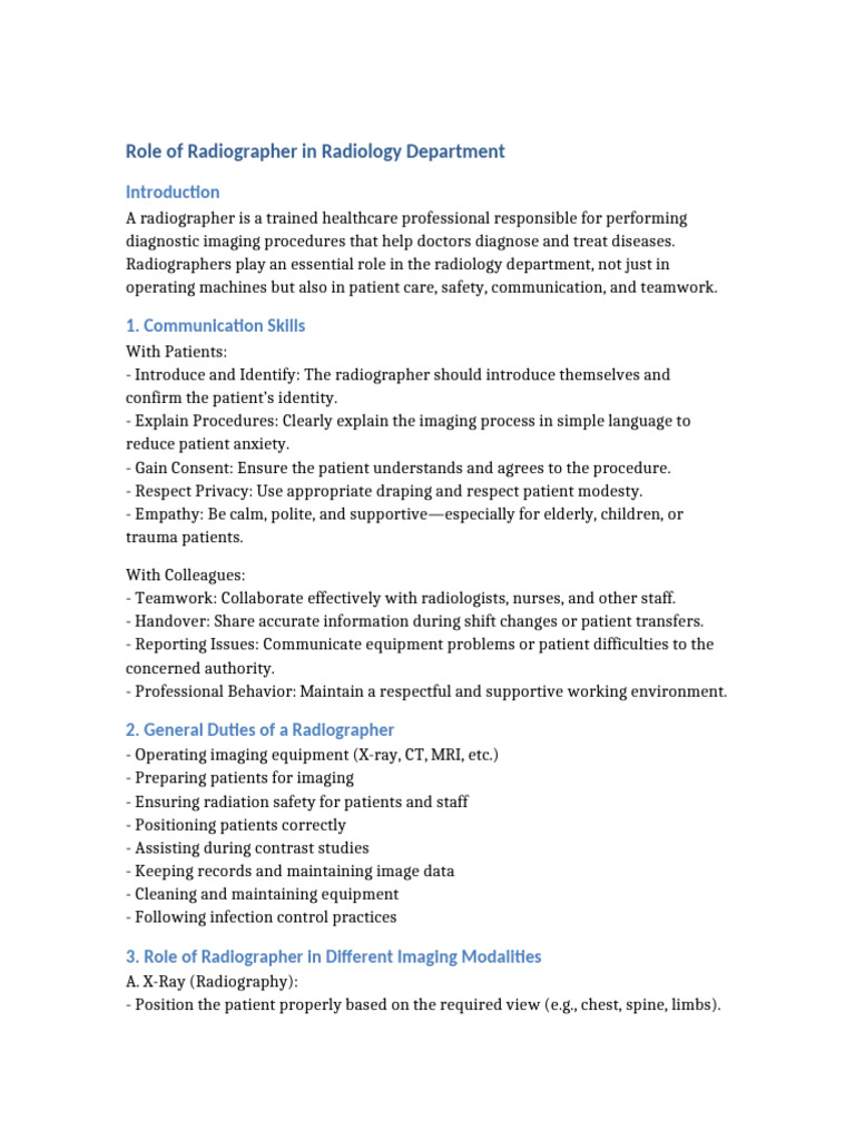 Role of Radiographer Assignment Updated | PDF | Radiography | Radiology