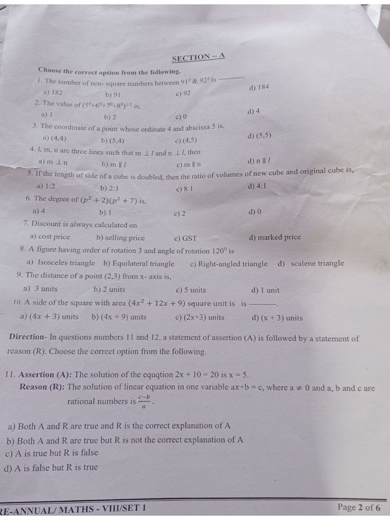 Pre Annual Examination Mathematics Class 8 2023 | PDF