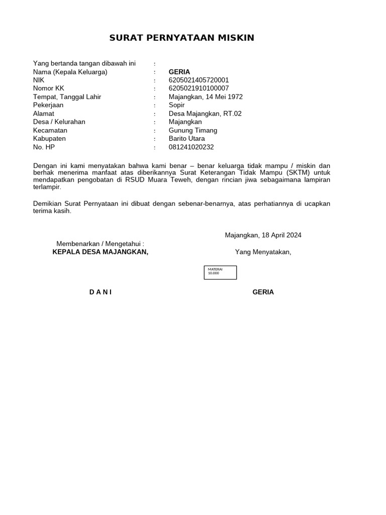 Surat Pernyataan Miskin A.N. Geria | PDF