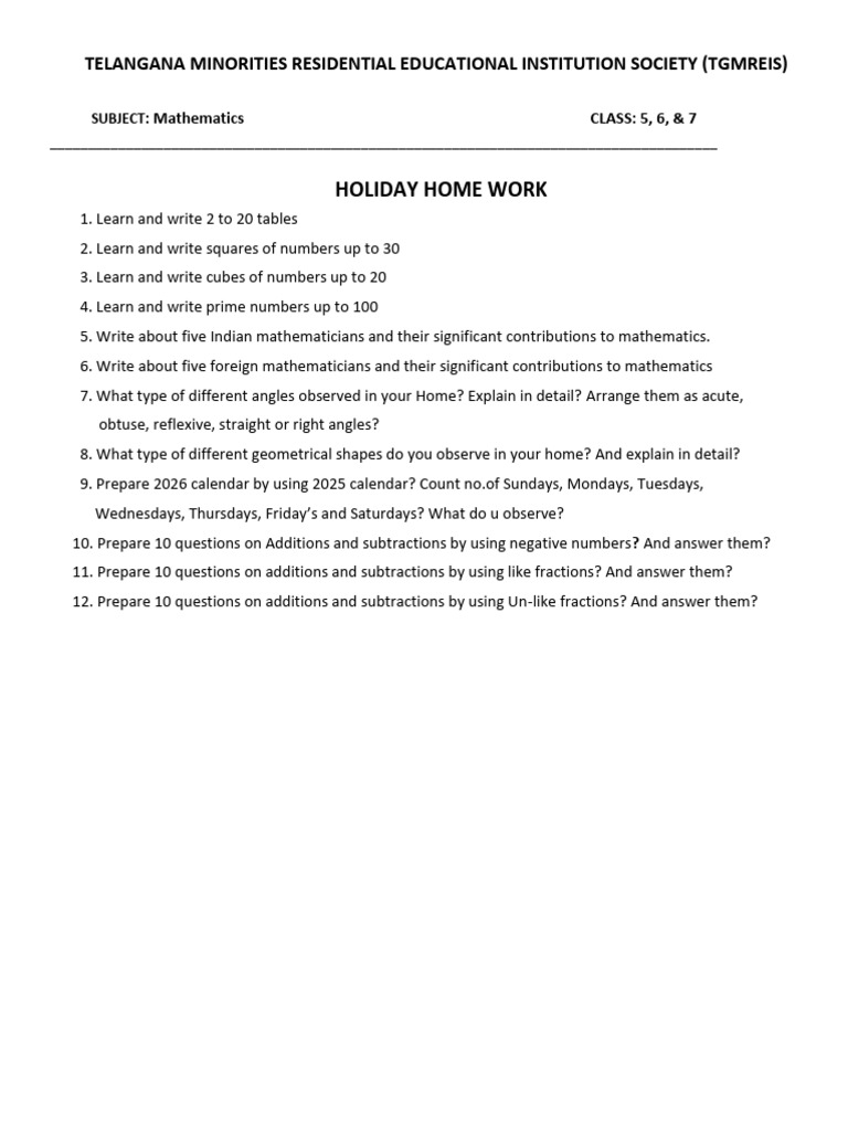 Math Holiday Homework For Classes 5,6,7 | PDF