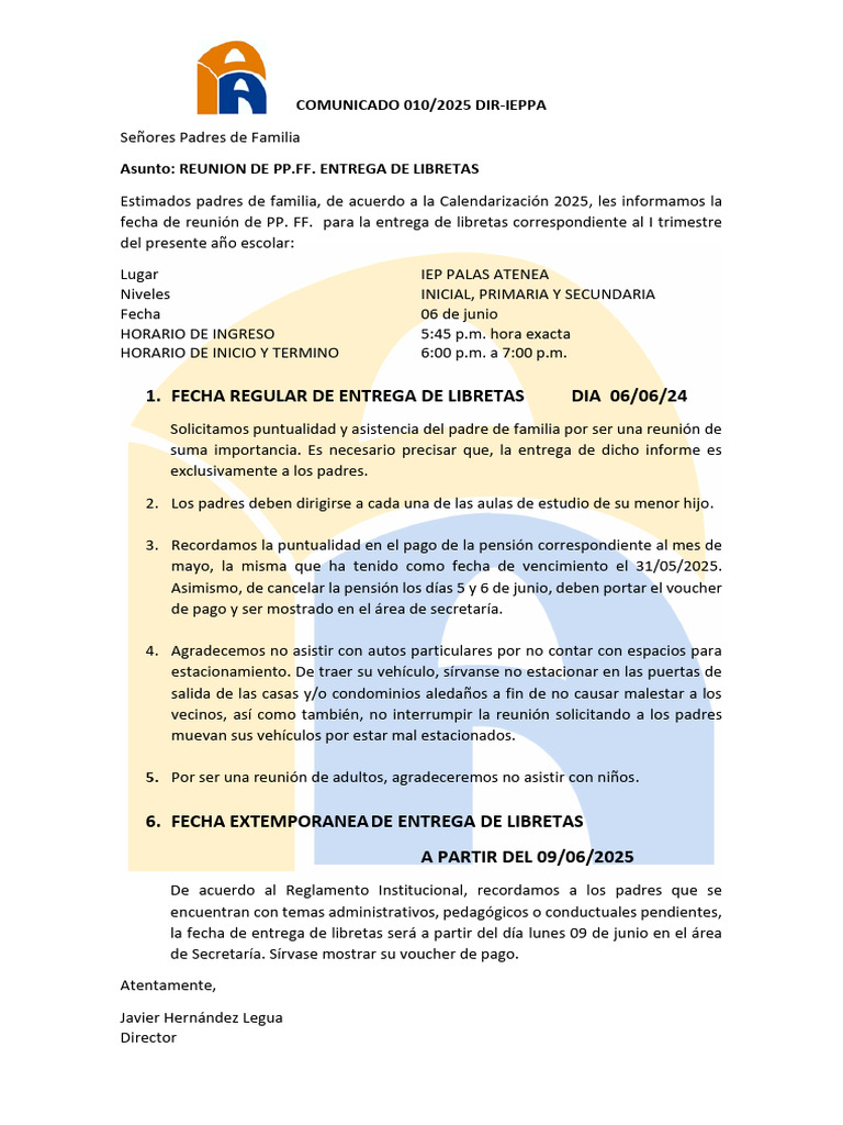 Comunicado 010 Reunion de PP - Ff. y Entrega de Libretas | PDF
