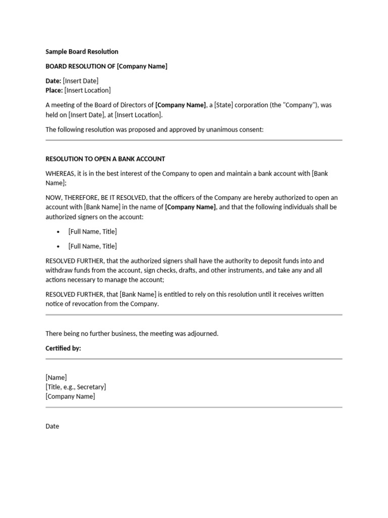 Board Resolution Template For Private Company | PDF