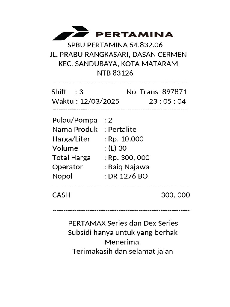 Struk Pembelian Bensin Pertamina 2025 | PDF