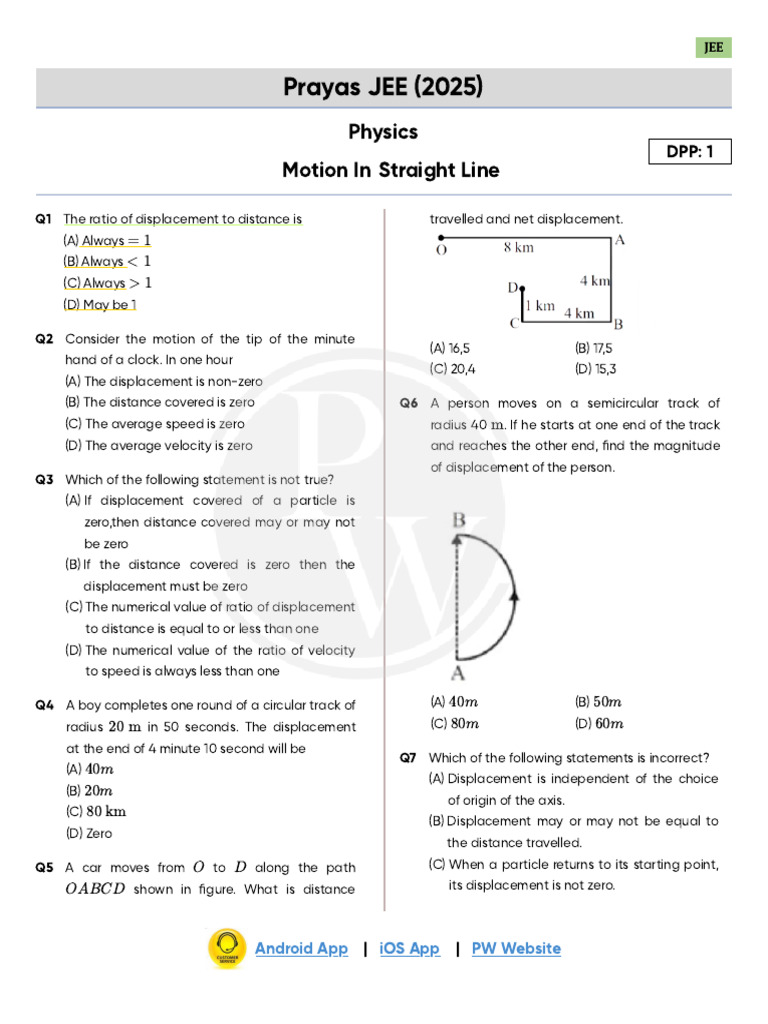 Motion in Straight Line DPP 01 of Lec 03 Prayas JEE 2025 | PDF | Velocity | Mechanical Engineering
