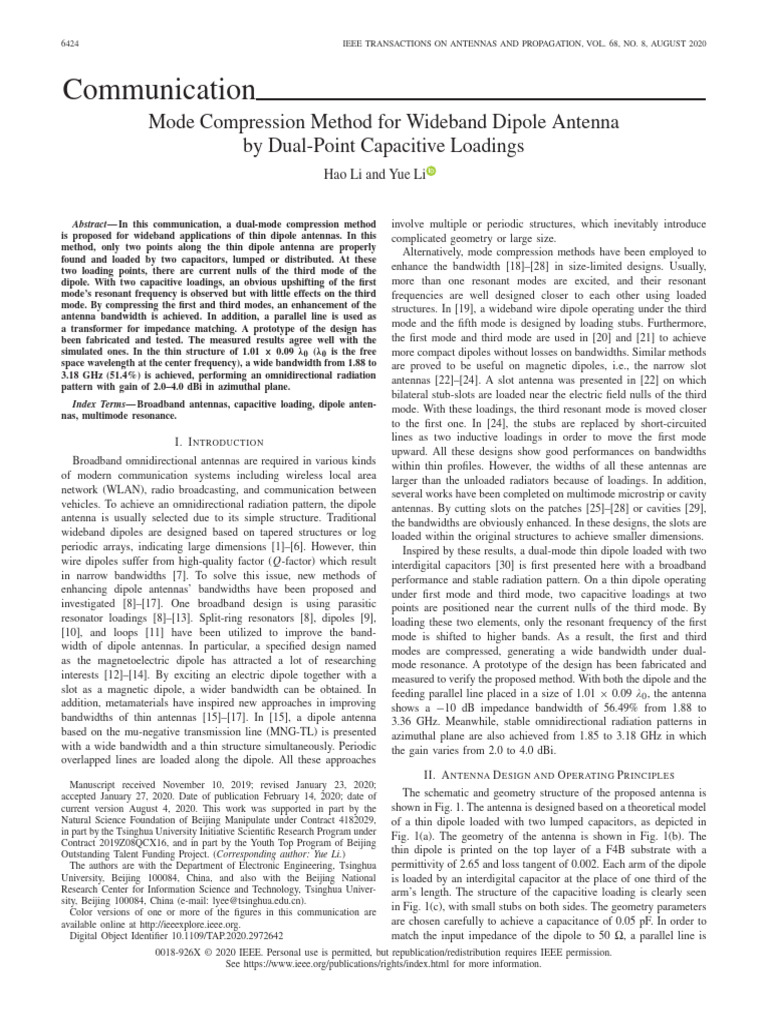 2020 - Mode Compression Method For Wideband Dipole Antenna by Dual ...