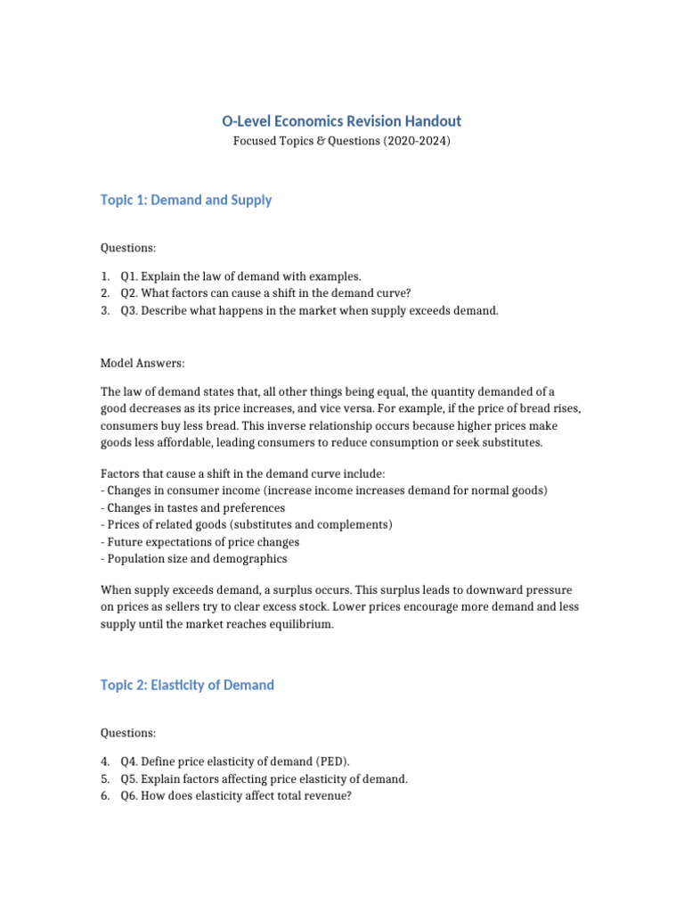 O Level Economics Revision Handout | PDF | Demand | Elasticity (Economics)