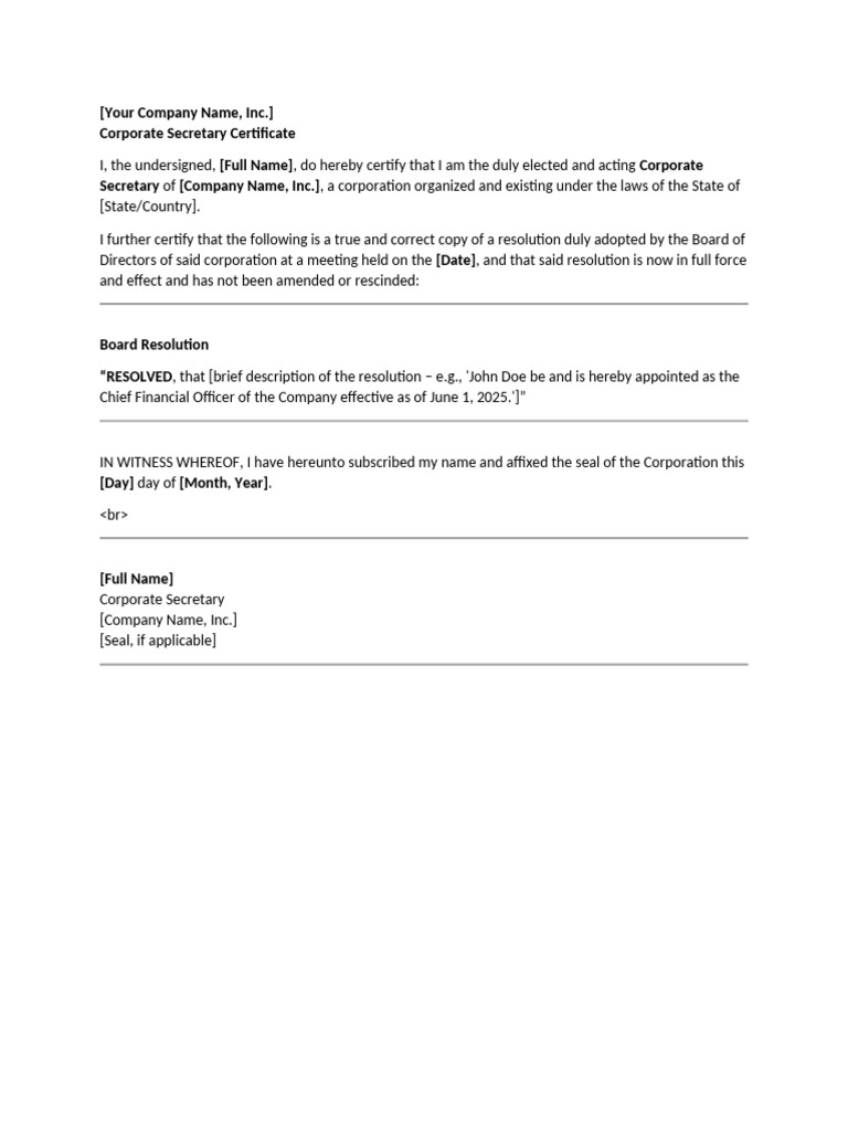 Corporate Secretary Certificate Template | PDF