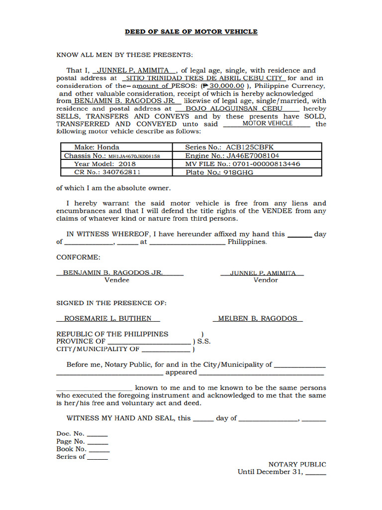 Deed of Sale Benjamin (New2025 JR) | PDF
