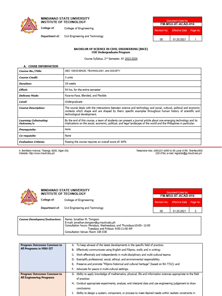 BSCE Course Syllabus: STS 2nd Sem 2023-24 | PDF | Engineering | Knowledge