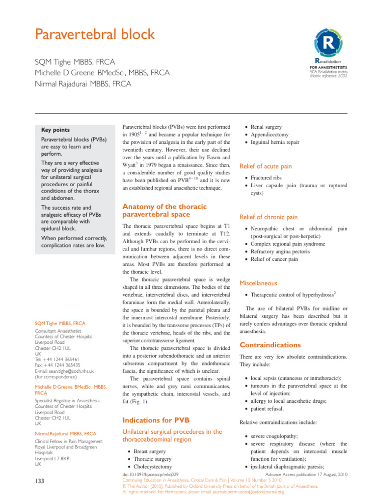 Paravertebral Block Contin Educ | PDF | Anesthesia | Medical Specialties