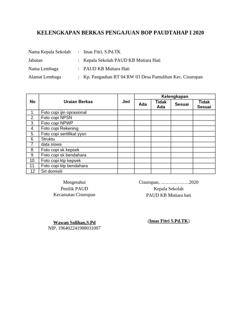Kelengkapan Berkas Pengajuan BOP PAUD Tahap I 2020 | PDF