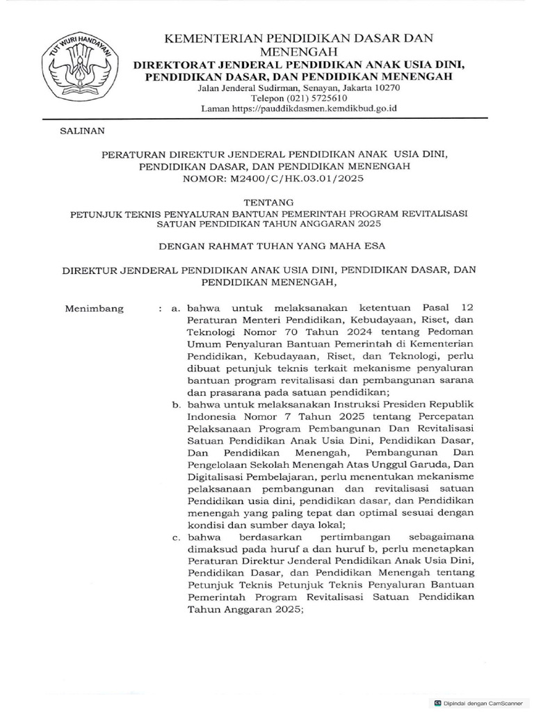 Salinan Perdirjen PDM M2400 Revitalisasi Satuan Pendidikan Tahun 2025 | PDF