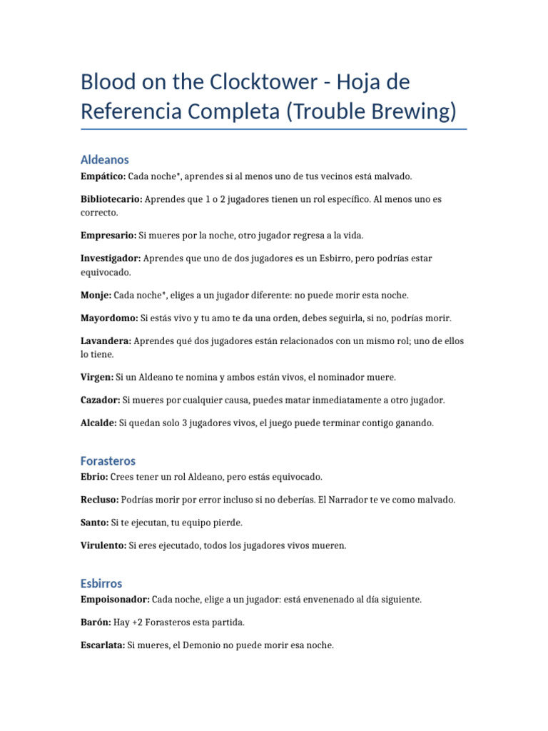 Hoja de Referencia: Trouble Brewing | PDF